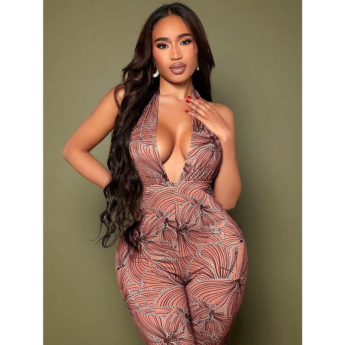 WDIRARA Women's Deep V Neck Bell Bottom Halter Tie Backless Sexy Party Flare Jumpsuit Black XS