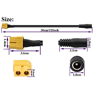 AAOTOKK XT60 to DC Adapter Cable XT60 Bullet Connector Female to DC 5.5mm X 2.5mm Female Power Jack Adapter Cable for TS100 Soldering Iron, FPV Monitor Power,Drone Power Cord.(30 cm-2Pack)