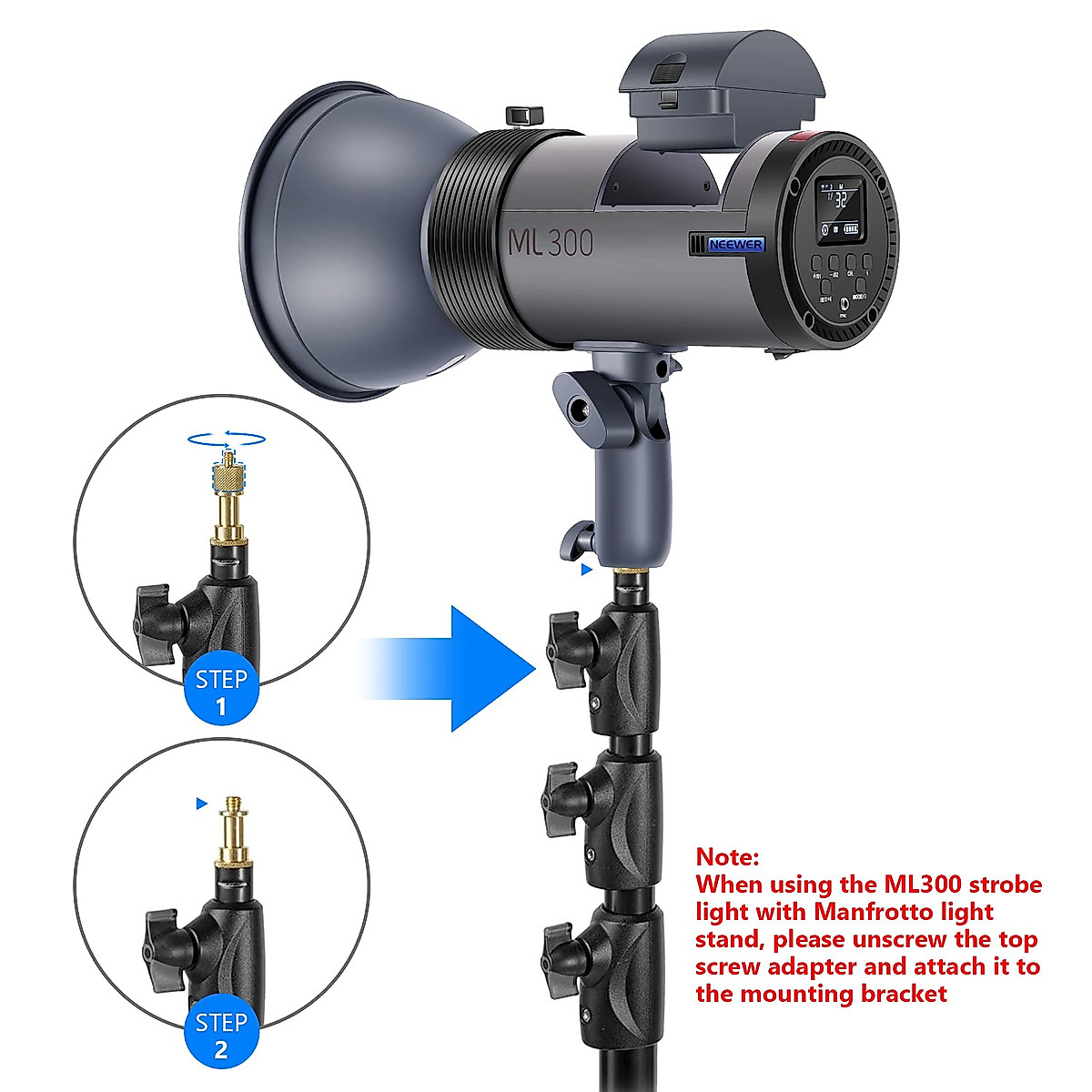 Neewer ML300 300W Outdoor Studio Flash Strobe Li-ion Battery-Powered Monolight with 2.4GHz Wireless Trigger, 1000 Full Power Flashes, 0.4-2.5s Recycle Time, Bowens Mount, 2-Pack Li-on Battery