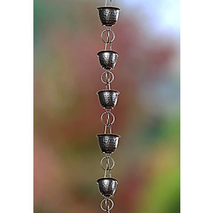 Monarch Rain Chains 18106 Aluminum Hammered Cup, 8-1/2 Feet Length Replacement Downspout for Gutters, Rain Chain 8.5 Ft, Black
