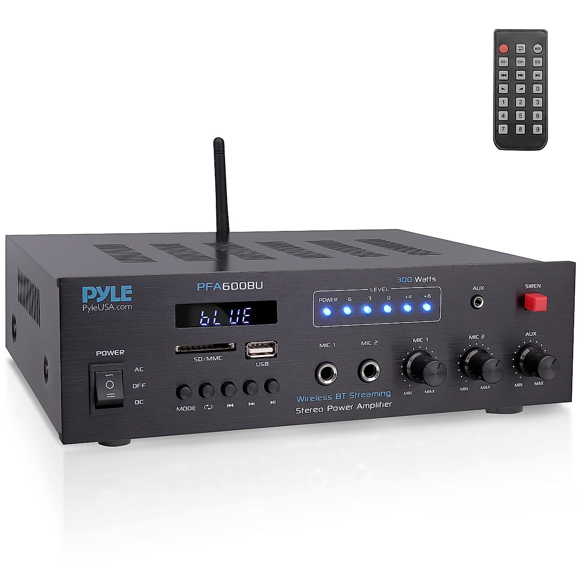 Pyle Wireless Bluetooth Karaoke Amplifier - Home Car Bus Tours 300 Watts 2 Channel Digital Home Audio PA Receiver System 2 Microphone Input Control, FM Radio, USB,12 Volt Power Option - PFA600BU