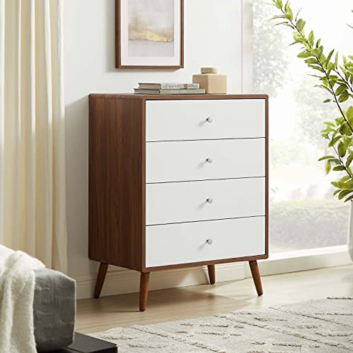 Modway Transmit Mid-Century Modern Wood Walnut White, 4-Drawer Chest