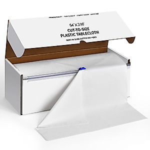 54''×300' Disposable Plastic Tablecloths Roll, White Plastic Table Cloths, Plastic Table Party Cover, Premium Decorative Rectangle Table Cover for Weddings, Banquets, Parties, Indoor & Outdoor.