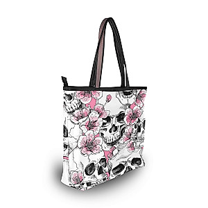 QMXO Sugar Skull Floral Flowers Pink Handbags and Purse for Women Tote Bag Large Capacity Top Handle Shopper Shoulder Bag