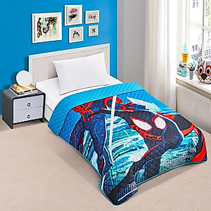 Miles Morales Bedspread Twin Set for Kids - Bundle with Spiderman Quilted Bedspread for Twin Bed Plus Stickers, More | Miles Morales Twin Bedding Set for Boys