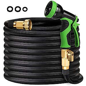 GAMSOD 50ft Expandable Garden Hose, Lightweight Gardening Flexible Hose Pipe, Solid Brass Fittings, 2.2X Expanding Flexible Latex Water Hose with Spray Nozzle -Black
