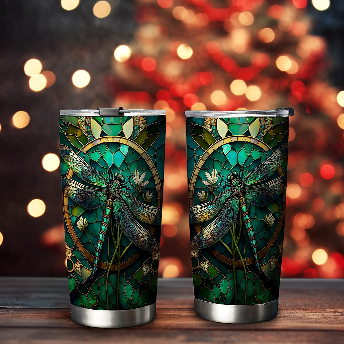 ORCAE 20oz Green Jade Stained Glass Dragonfly Tumbler, Gifts for Dragonfly Lovers, Coffee Thermos for Women, Stainless Steel Double Wall Vacuum Insulated Coffee Mug, Travel Cup with Lid - H