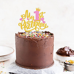 Pink Gold Glitter My 1st Birthday Cake Topper,Happy 1st Birthday Party Decorations Supplies for Girl,One Year Old Cake Decor,Baby Shower Party Decorations