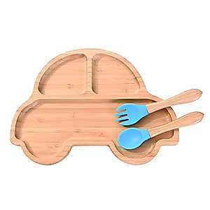Car Bamboo Suction Plate Divider Feeding Plate for Toddlers and Babies (blue)