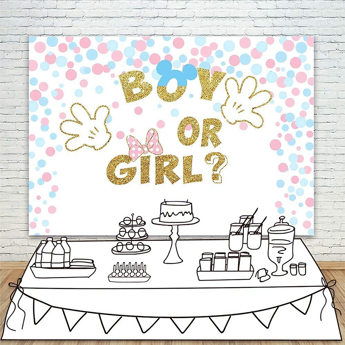 Micky Mouse or Minnie Mouse Baby Shower Backdrop for Gender Reveal Party Supplies 7x5 Glitter Pink or Blue Baby Shower Background for Boy and Girl Vinyl Minnie Bow Tie White Mickey Hands Backdrops