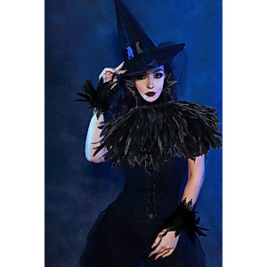 Gothic Real Black Feather Cape Shawl Shoulder Wings Choker Collar with 1 Pair Feather Cuffs, Unisex Fashion Feather Cape Shrug Shawl Stole Poncho, Halloween Cosplay Costume Party for Women Men