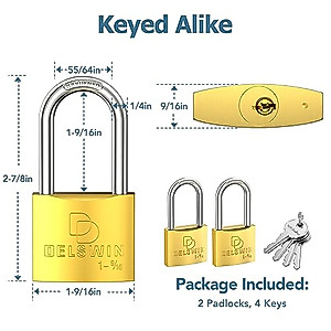 DELSWIN Brass Padlock with Same Keys - Heavy Duty Solid Brass Locker Lock with 1-4/5 in. Long Shackle, Marine Grade Pad Lock for Outdoor Gate, Fence, Shed (2 Locks with 4 Keys)