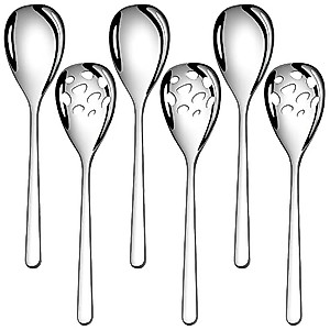 AYFDISHS Serving Spoons 6 Pieces,9.4 Inch Silver Serving Spoon Set Stainless Steel Serving Spoons,Include 3 Serving Table Spoons,3 Slotted Serving Spoons,Serving Utensils Set for Parties Buffet Banque