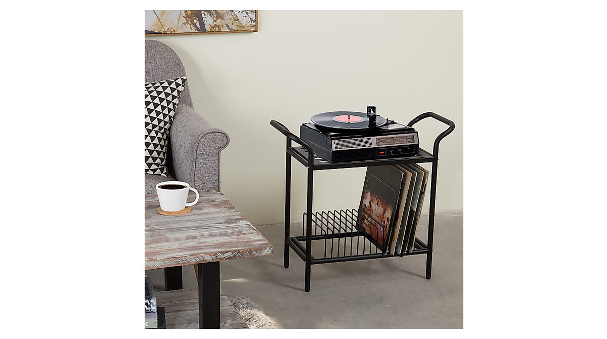 Stylish Black Metal Record Player Stand with Storage