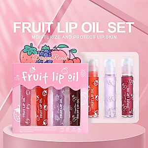 KTouler 4 Pcs Fruit Lip Oil Set Lip Gloss Crystal Jelly Liquid Lipstick, Set Moisturizing Hydrating Non-Stick cup Long Lasting Lip Kit for Women and Girl