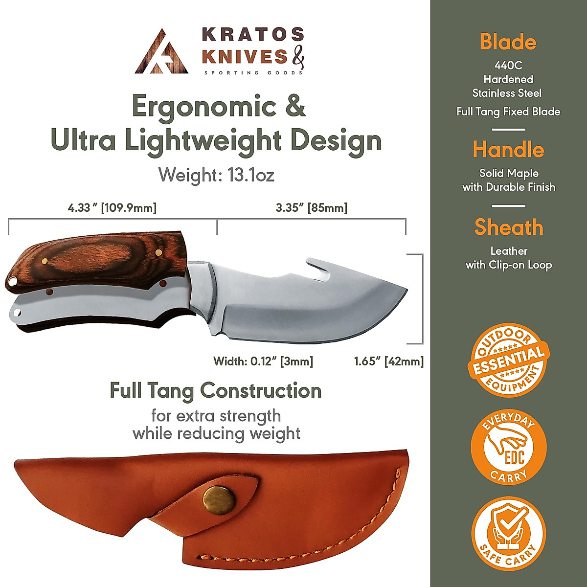 Hunting Knife with Gut Hook, 7.68" Gut Hook Hunting Knife with 440C Stainless Steel Outdoor Gut Hook Knives, Leather Sheath Included by Kratos - ZFS3