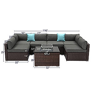 SUNBURY Outdoor 7 Piece Sectional Sofa Propane Fire Pit, Dark Brown Patio Furniture Set w 32-inch 40,000 BTU Square Wicker Fire Table Tank 20 gal Outside for Garden, Poolside, Backyard