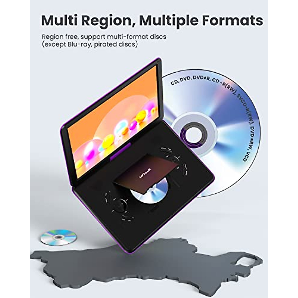 𝐢𝐞𝐆𝐞𝐞𝐤 16.9'' Portable DVD Player with 14.1'' Swivel Screen, 6 Hrs Rechargeable Battery, Car DVD Player, Sync TV, Region Free, Support USB/SD Card, High Volume Speaker, Remote Control, Purple