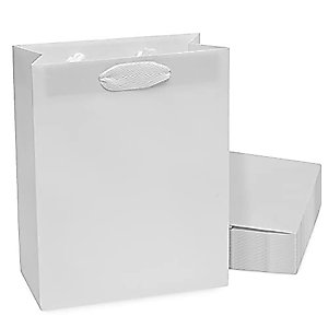 White Gift Bags with Handles - 8x4x10 Inch 25 Pack Designer Shopping Bags in Bulk, Small Gift Wrap with Fabric Ribbon Handle for Boutiques, Small Business, Retail Stores, Merchandise, Birthday Parties