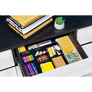 CAXXA 2 Pack 3 Slot Drawer Organizer with Two Adjustable Dividers - Junk Drawer Storage for Office Desk Supplies and Accessories, Black (2 Pack)