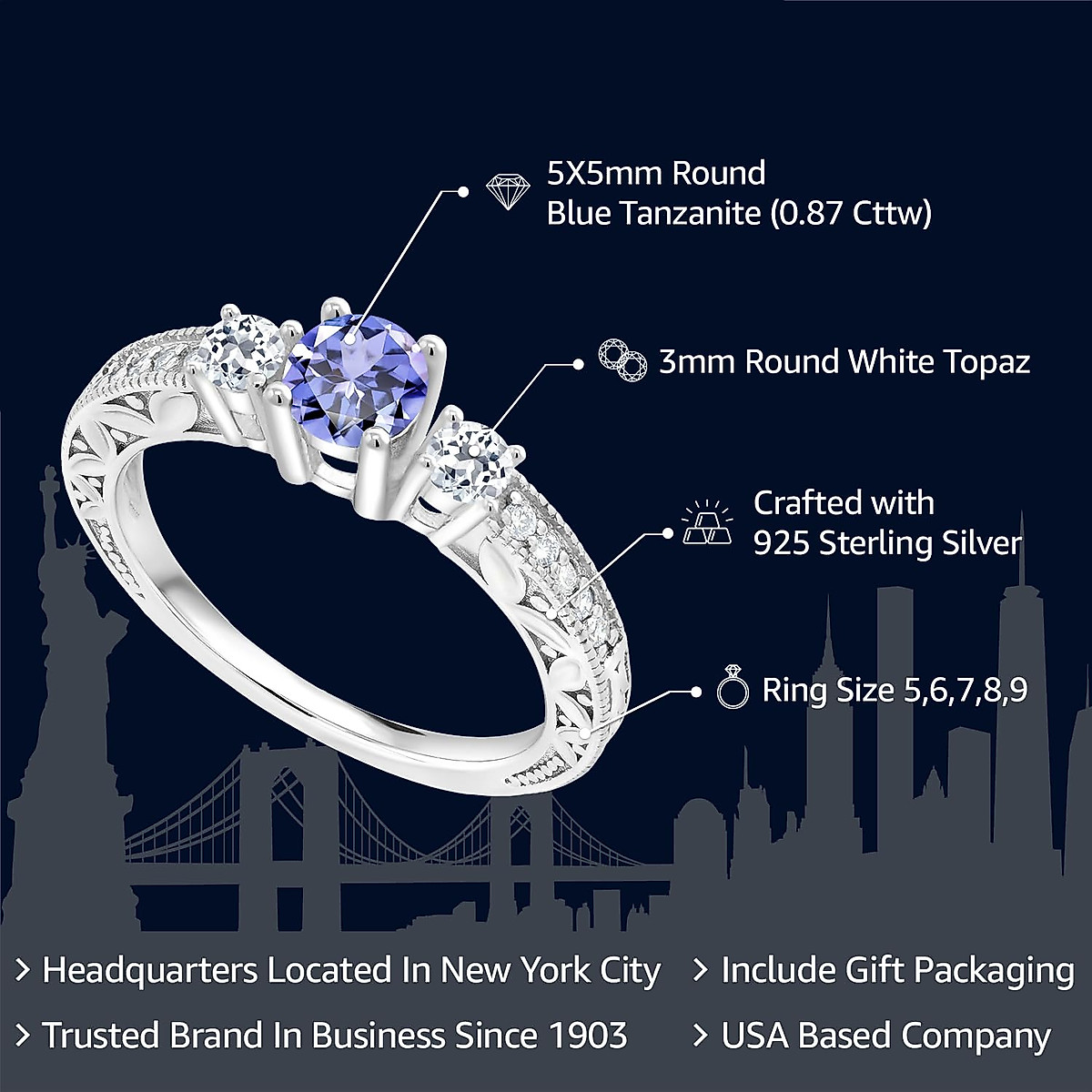 Gem Stone King 925 Sterling Silver Blue Tanzanite and White Topaz Engagement Ring For Women (0.87 Cttw, Round Gemstone Birthstone, Available in size 5, 6, 7, 8, 9)
