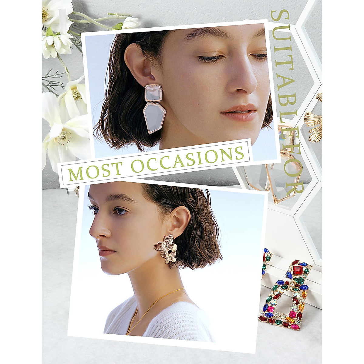 Sanfenly 9Pairs Rhinestone Rectangle Dangle Earrings Glass Geometric Statement Drop Earrings Pearls Earrings Vintage Bohemian Layered Tassel Earrings Gold Big Butterfly Earrings for Women