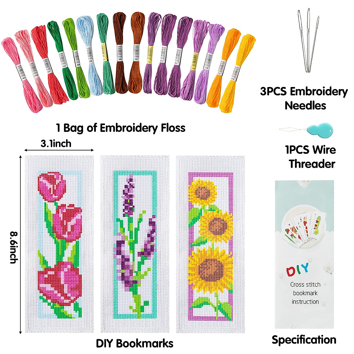 WATINC 3Pcs Cross Stitch Bookmark Kits Flower Patterns DIY Stamped Embroidery Bookmarks for Beginners Tulip Sunflower Lavender Needlepoint Starter Kits Craft Supplies Handmade Gifts for Book Lovers