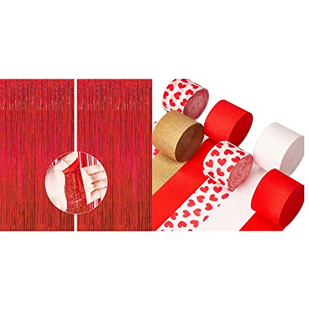PartyWoo Foil Curtain Red 2 pcs and Crepe Paper Streamers 6 Rolls