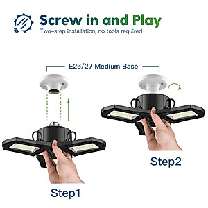 FREELICHT 2-Pack LED Garage Light, 60W LED Shop Light with E26/E27 Medium Base, 6000LM Triple LED Garage Lighting, 6500K Screw in LED Tri Light for Attic, Basement