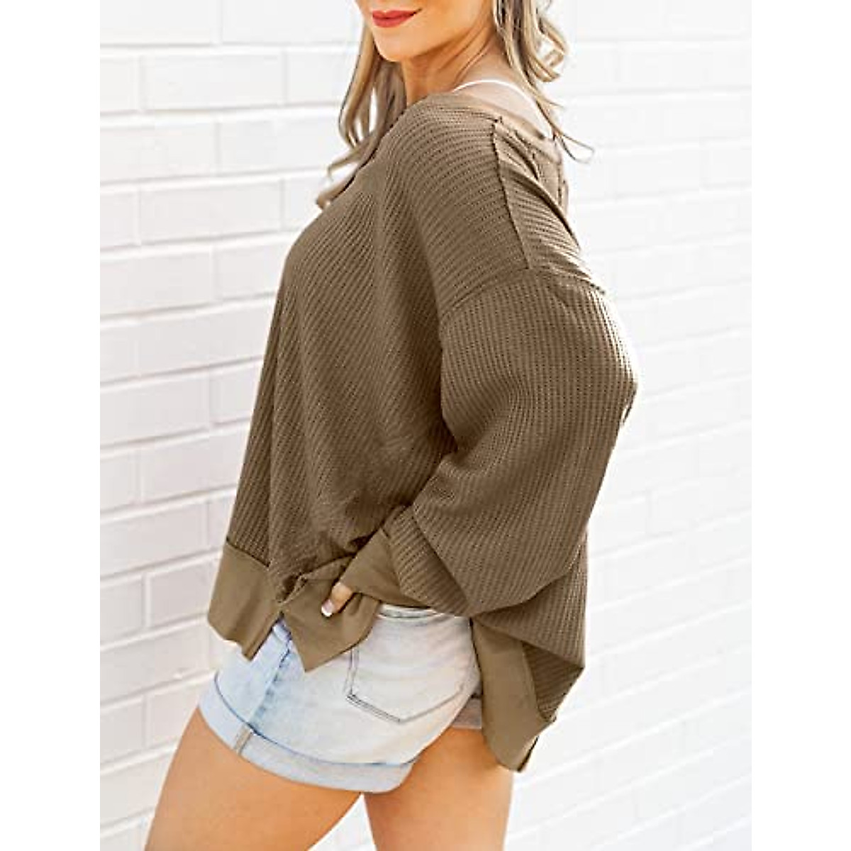 ASTANFY Womens Long Sleeve Sweatshirts Waffle Knit Shirts V Neck Solid Color Pullover Casual Loose Fit Tunic Tops Brown