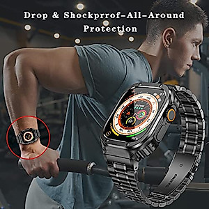 MioHHR Stainless Steel Watch Band with Case Compatible with Apple Watch Ultra 2 1(49mm),Rugged Strap with Metal Protective Bumper Cover for iWatch Band Men(Black)