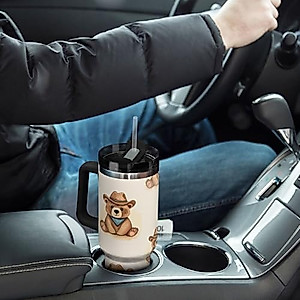 Flradish 40oz Tumbler with Handle, Funny Cowboy Bear Stainless Steel Tumbler with Lid and Straws Double Wall Vacuum Insulated Leakproof Coffee Travel Mug
