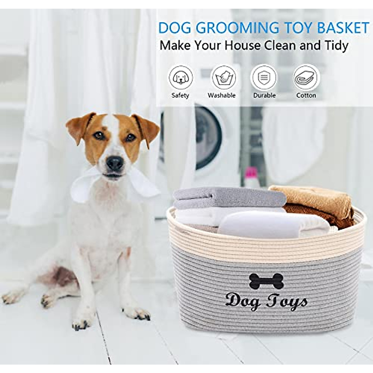 Morezi Soft Rope Dog Toy Basket with Handle, Large Dog bin, pet Bed, pet Toy Box- Perfect for organizing pet Toys, Blankets, leashes - GreyWhite