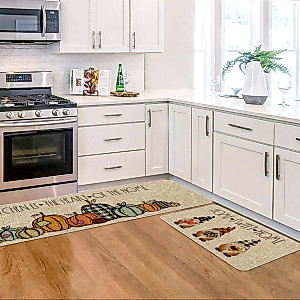 Artoid Mode Home Sweet Home Gnome Pumpkin Decorative Kitchen Mats Set of 2, The Kitchen is The Heart of The Home Seasonal Fall Holiday Party Vintage Low-Profile Floor Mat - 17x29 and 17x59 Inch