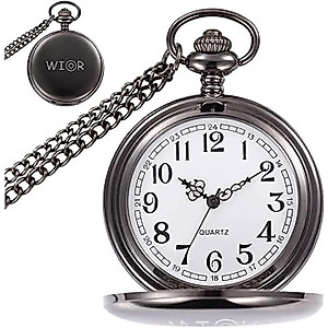 WIOR Classic Smooth Vintage Pocket Watch Silver Steel Mens Watch with 14 in Chain for Graduation Xmas Fathers Day(Black)