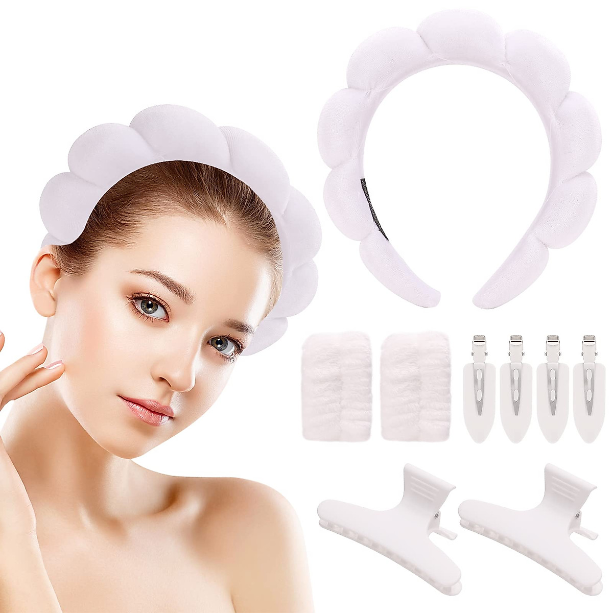 CGBARBER Spa Headbands for Washing Face, Wash Spa Yoga Sports Shower Head Band Terry Towel Cloth Hair Band for Skin Care, Makeup Removal Wrist Washband Hairpin Set (White)