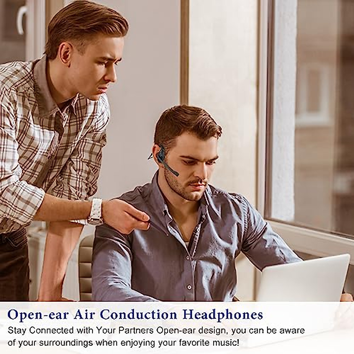 BANIGIPA Bluetooth Headset with Boom Microphone, Open Ear Headphones w/Noise Canceling Mic, Wireless Headset for Phone Laptop PC Computer, Light and Comfortable for Office Meeting Home Working-10 Hrs