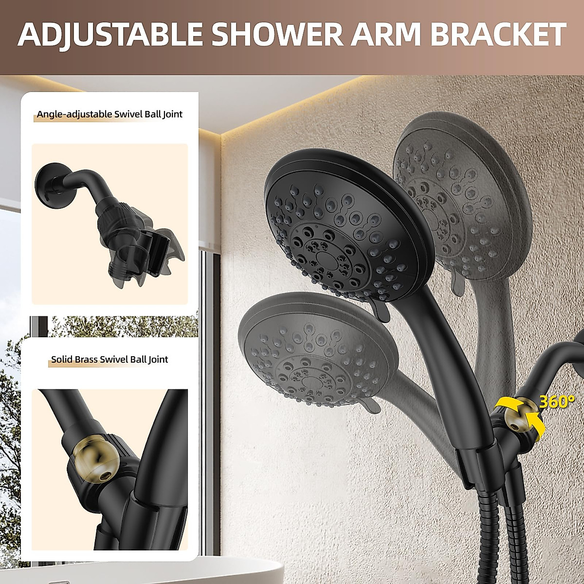 RAINVISTA High Pressure Handheld Shower Head - Matte Black - 6 Functions Detachable Bathroom Shower Head Set with Stainless Steel Hose and Adjustable Shower Arm Bracket