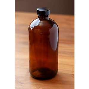 JUVITUS 16 oz Amber Glass Boston Round Bottle with Airtight Black Phenolic Cap (2 Pack)