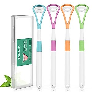 RONAVO Tongue Scraper, Disposable Tongue Cleaner, 2 in 1 BPA Free Tongue Brush, Brushing and Scraping for Oral Care Hygienic, with Travel Case, Fight Bad Breath, 4 Pack