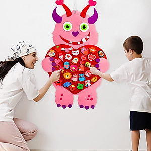 Haooryx 33Pcs Valentines Heart Monster Felt Craft Kit, DIY Monster Felt Hanging Decorations with Detachable Ornaments, Valentines Party Home Wall Door Decor Hanging Ornaments Kids Present Art Craft