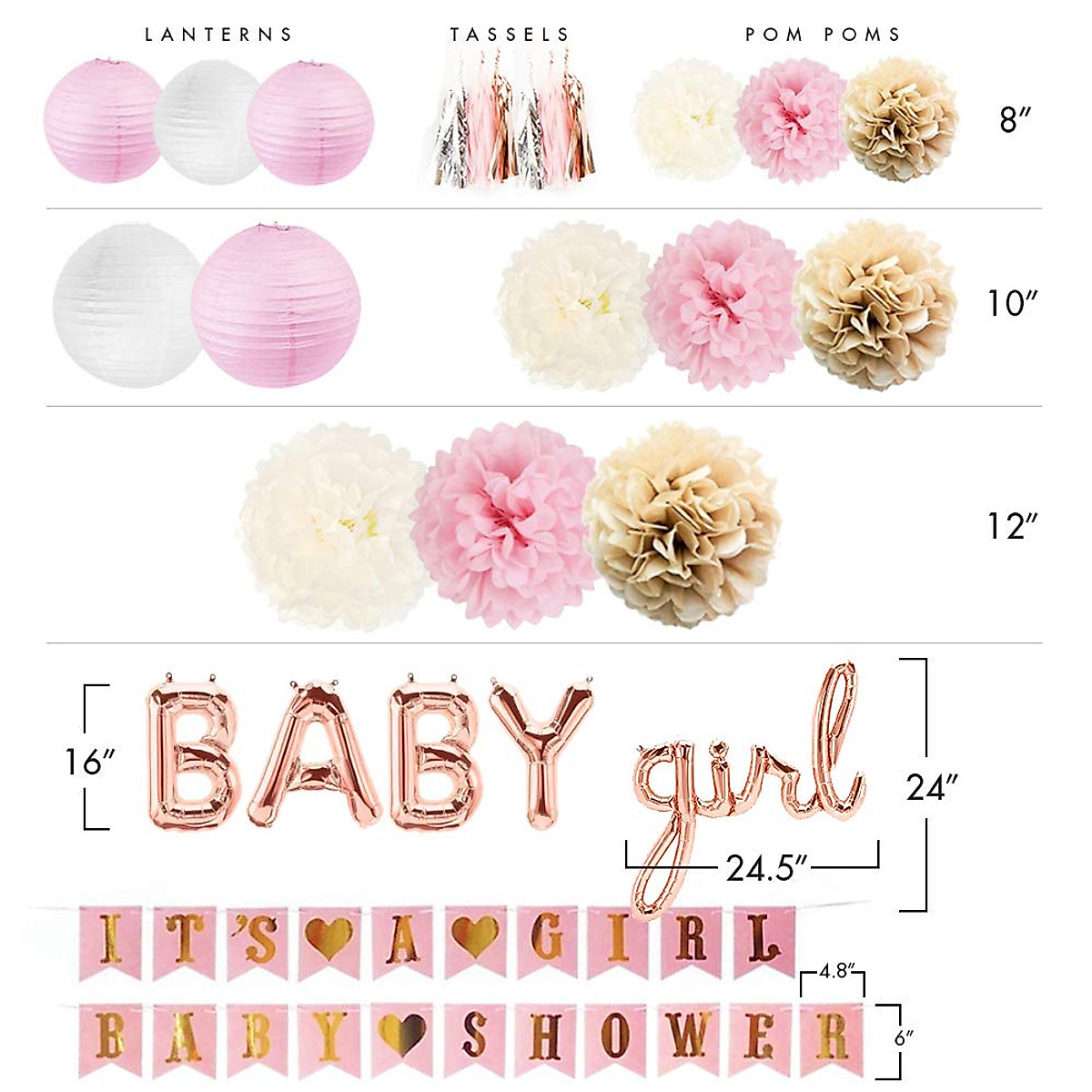 Sweet Baby Co. Pink Baby Shower Decorations for Girl with Its A Girl Banner, Baby Girl Letter Balloons, Flower Pom Poms, Paper Lanterns, Tassels (Rose Gold, Pink, Ivory, White Sprinkle Set)