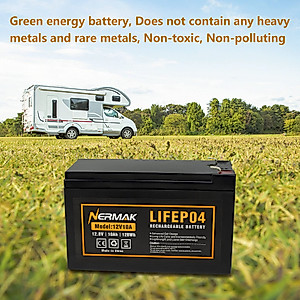 NERMAK 12V 10Ah Lithium LiFePO4 Deep Cycle Battery, 2000+ Cycles Rechargeable Battery for Solar/Wind Power, Small UPS, Lighting, Power Wheels, Fish Finder and More, Built-in 10A BMS