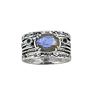 YoTreasure Labradorite Swiss Blue Topaz 925 Sterling Silver Antique Three Stone Ring