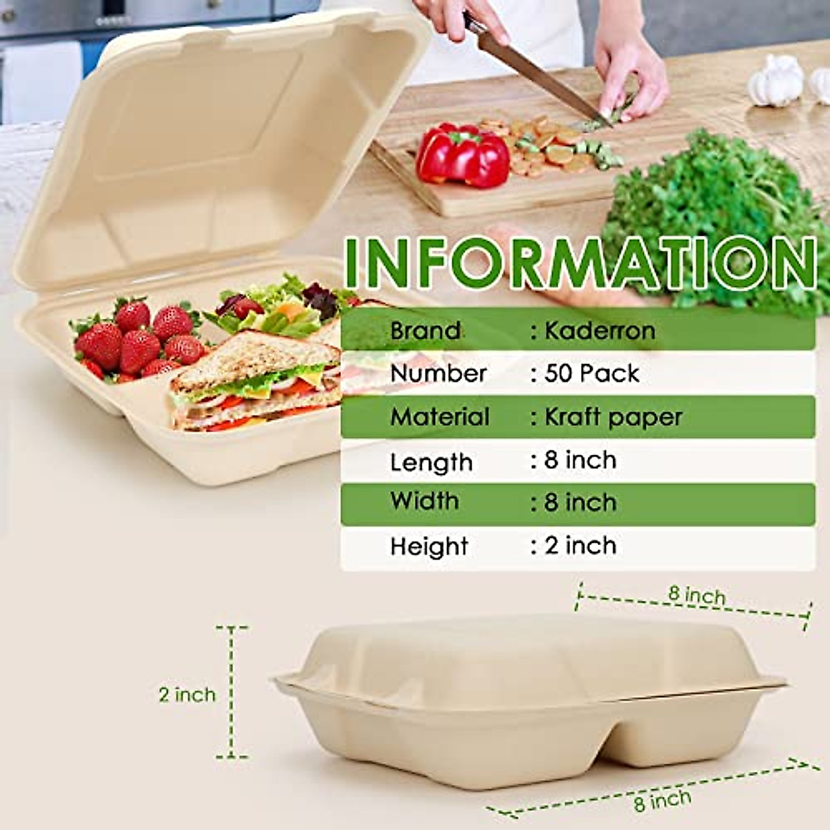 Kaderron 50 Pack 8 Inch To Go Containers Clamshell Food Containers 34 OZ, 3 Compartment Take Out Boxs Microwave Safe for Food Servicing