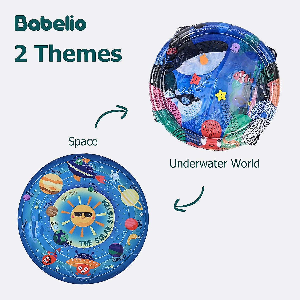 Babelio Baby Gym Mat & Tummy Time Water Mat 2 in 1, 3 Different Assembly Methods, 6 Activity Play Mat Toys, Sensory Development and Fun Experience for Infant, 33.5" x 33.5"