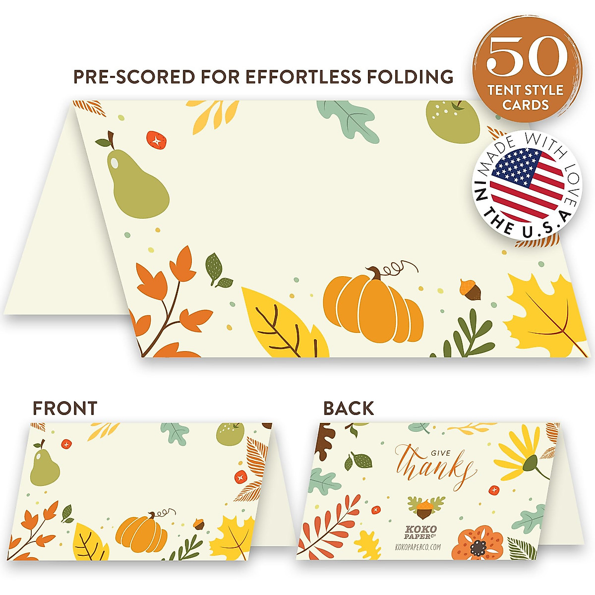 Koko Paper Co Thanksgiving Place Cards with Pumpkin and Autumn Foliage. Pack of 50 Tent Style Cards for Thanksgiving and Other Fall, Autumn Events. No Holder Necessary.