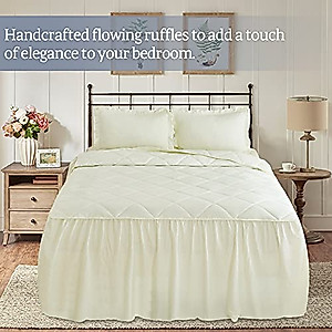 HIG 3 Piece Farmhouse Ruffled Skirt Bedspread Set King, Chic Ivory Diamond Stitched Coverlet with 30" Drop Dust Ruffle, French Country Bedding Collections for Bedroom Decor, Washed Microfiber (Elain)