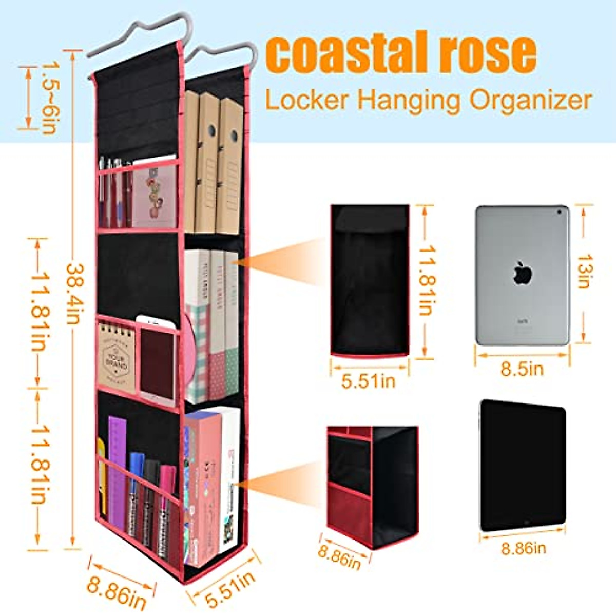 Libeder 3 Shelf Hanging Locker Organizer for School, Work, Gym, Closet, Adjustable Hanging Locker Accessories Shelves for Girls Boys, Hangs from Shelf, Hooks or Rod to Create Storage Space(Black-Red)