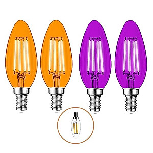 4 Pack Filament E12 Candelabra LED Halloween Light Bulbs - 4W 40 Watt Equivalent E12 Candelabra Base - Vintage LED Decor Purple Light Bulbs Orange Light Bulbs Party Decoration, Porch, Halloween Lights